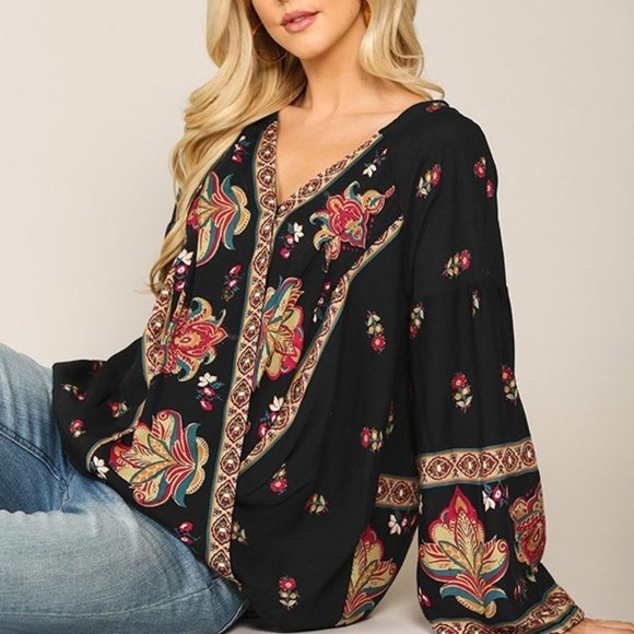 Gigio | Tops | Gigio Black Mix Border Print Surplice Top | Poshmark